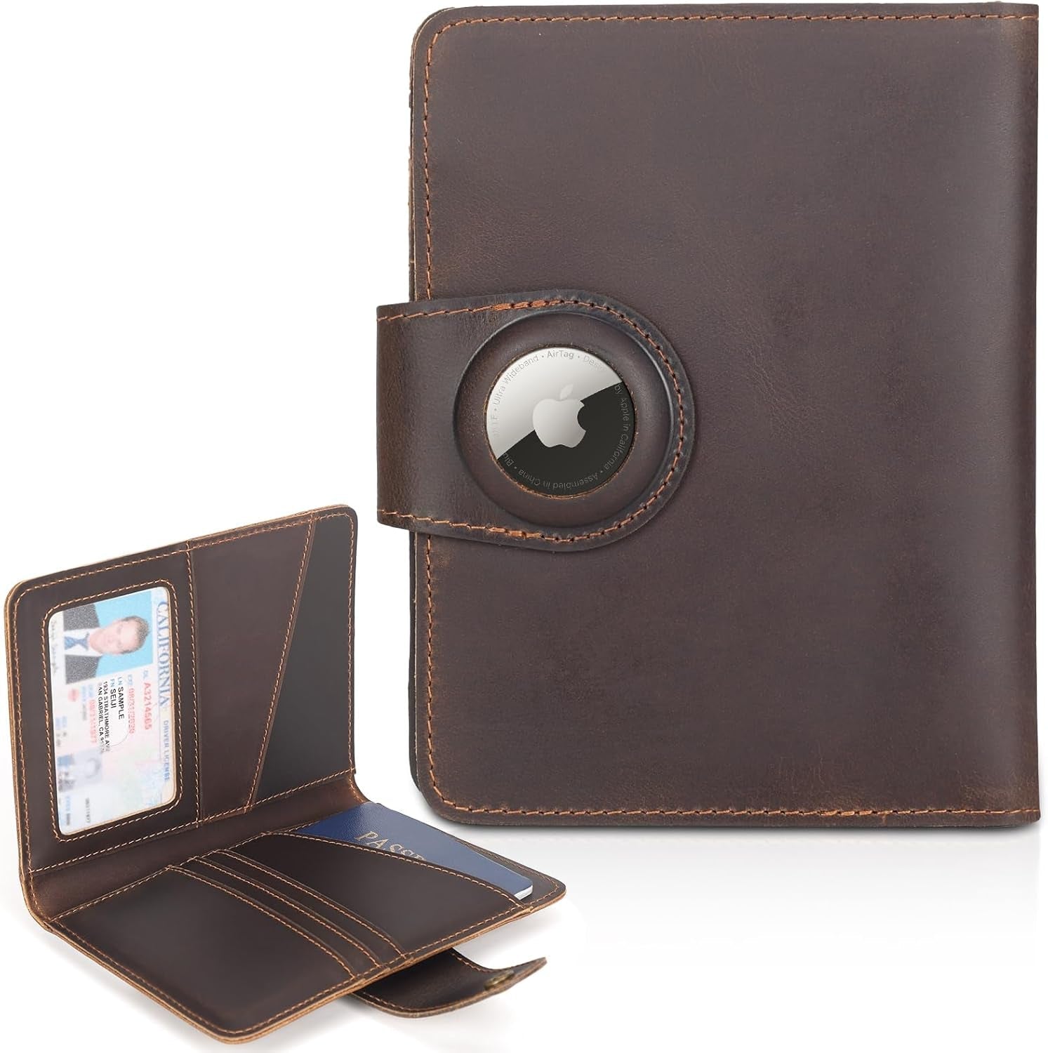 Full Grain Leather RFID Travel Wallet with AirTag Holder | Slim Bifold ...