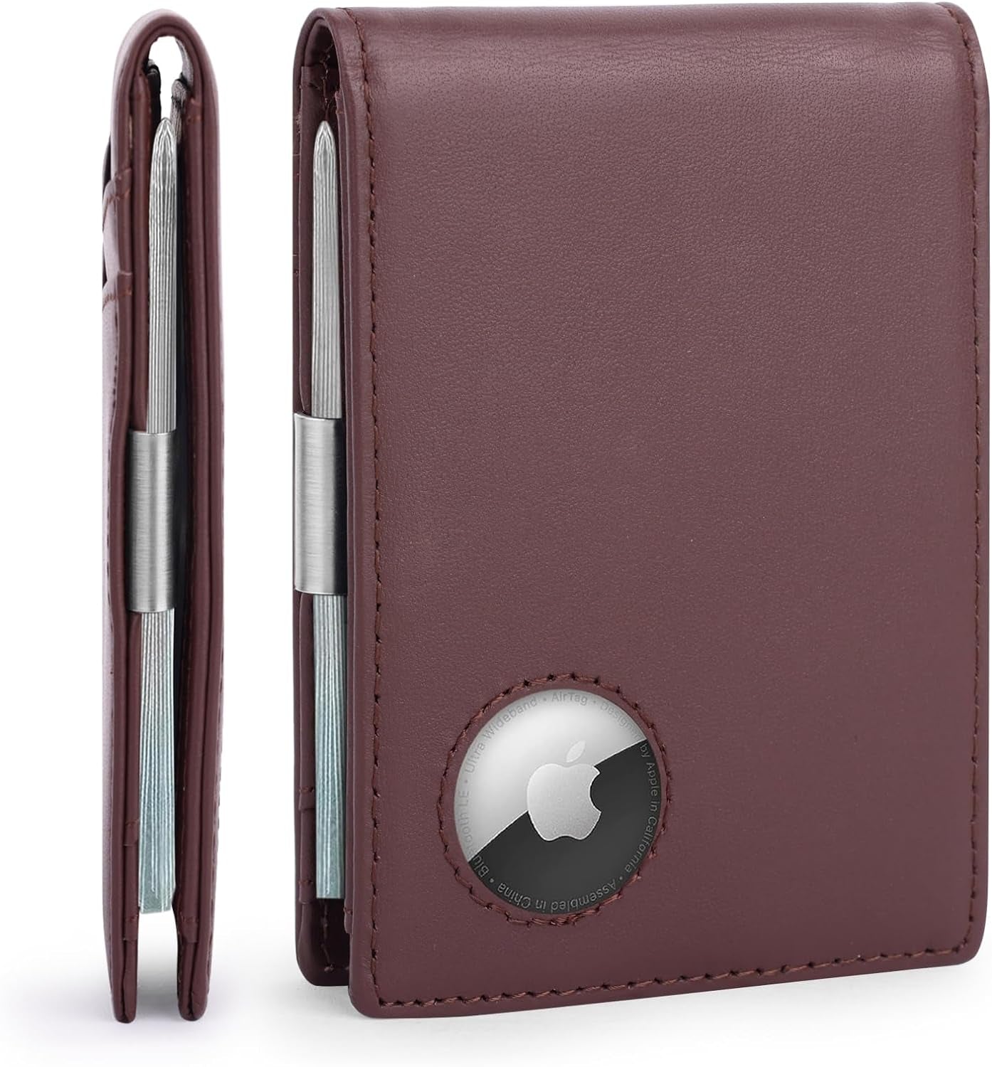 Men's Slim Leather Wallet with Built-in AirTag Holder - RFID Blocking ...